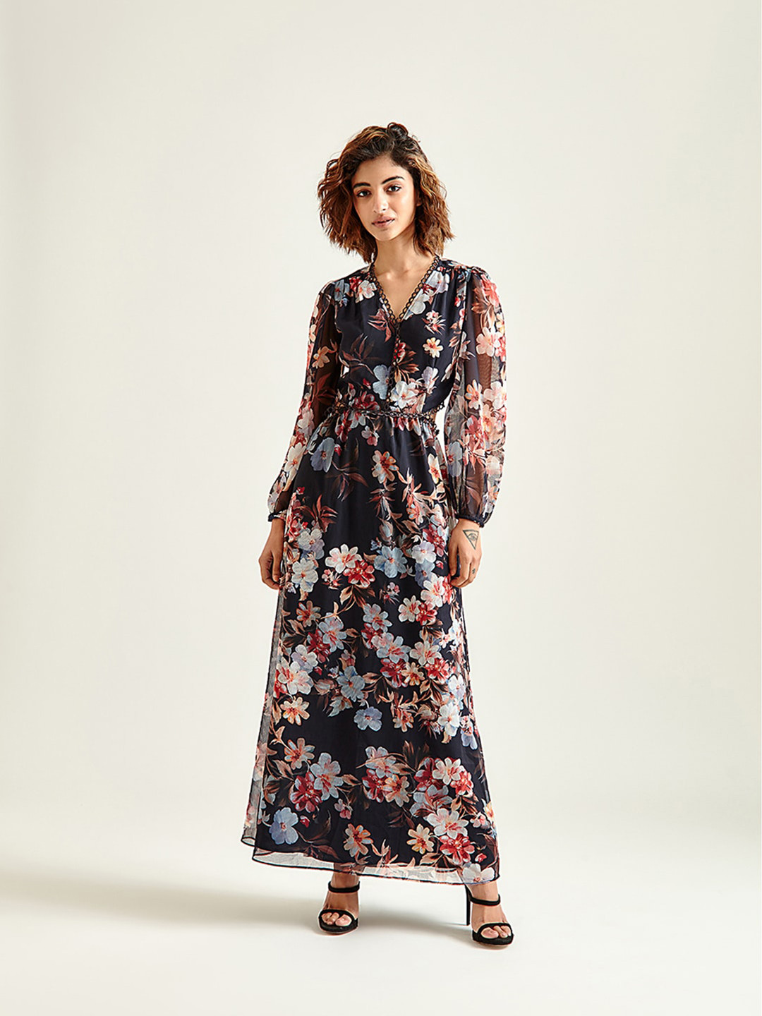 Buy COVER STORY Navy Blue Floral Net Maxi Dress - Dresses for Women ...