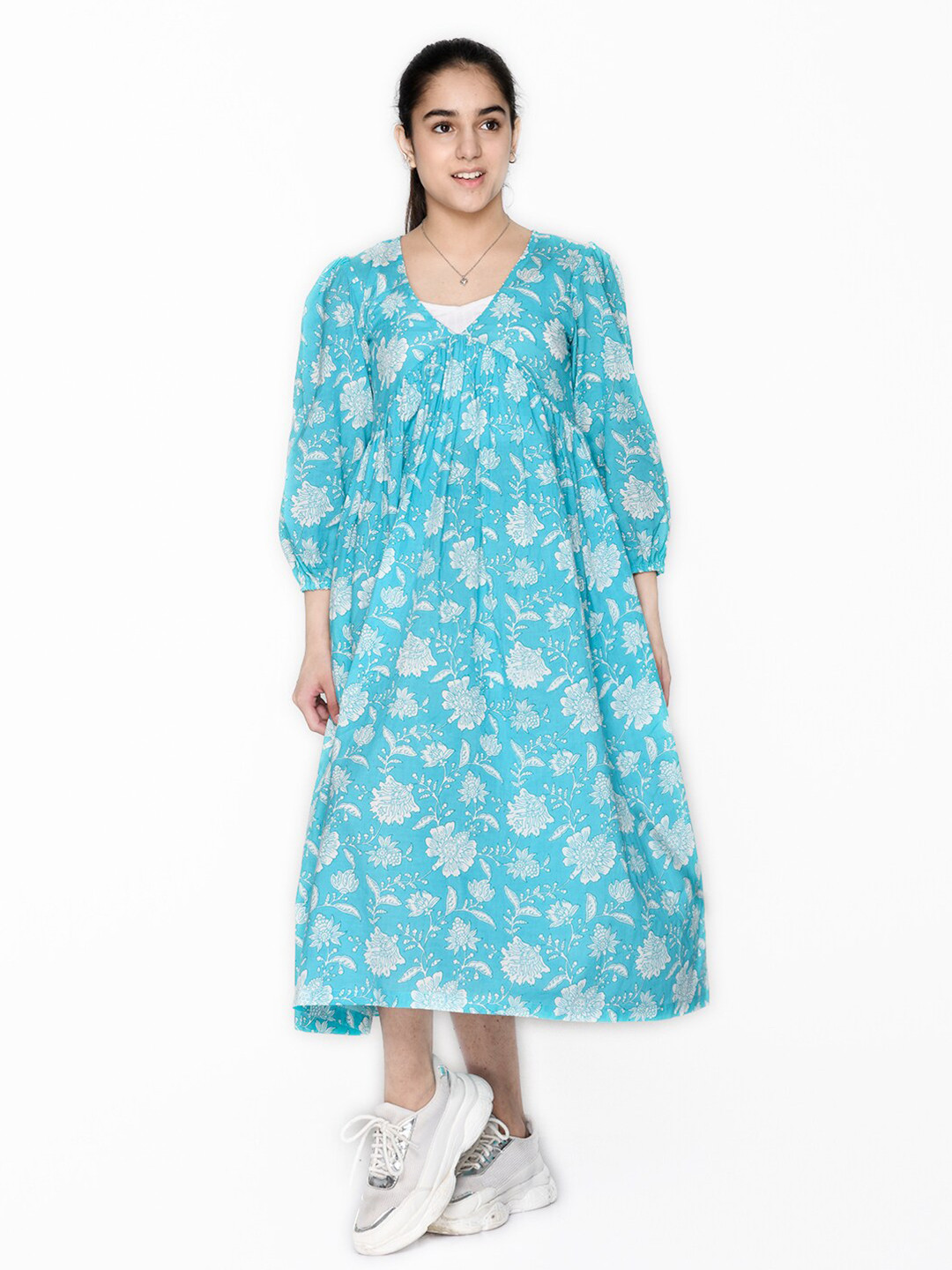 Buy SAKA DESIGNS Girls Floral Printed Cotton Empire Midi Dress ...