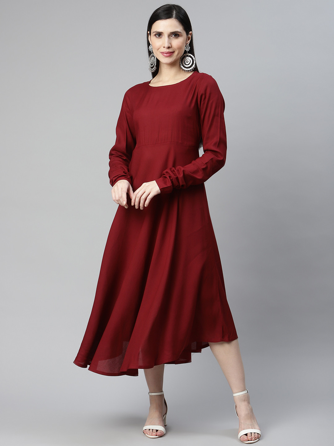 Buy DESI BEATS Maroon A Line Cotton Midi Dress - Ethnic Dresses for ...