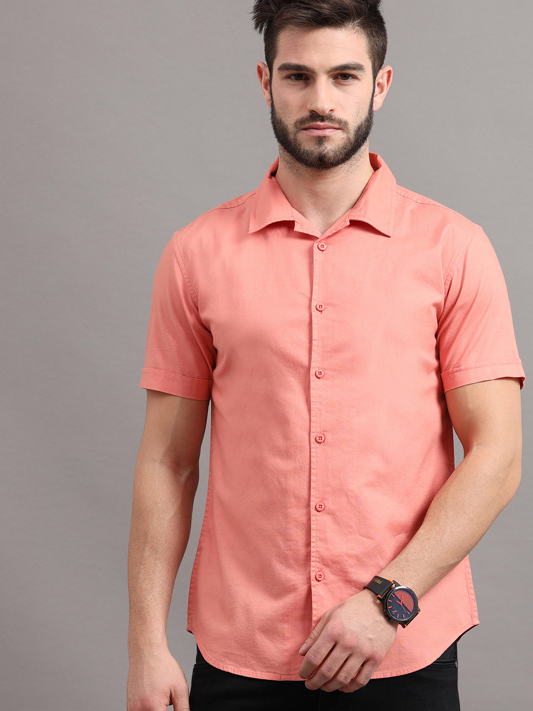 Buy HERE&NOW Men Peach Coloured Slim Fit Casual Shirt - Shirts for Men ...