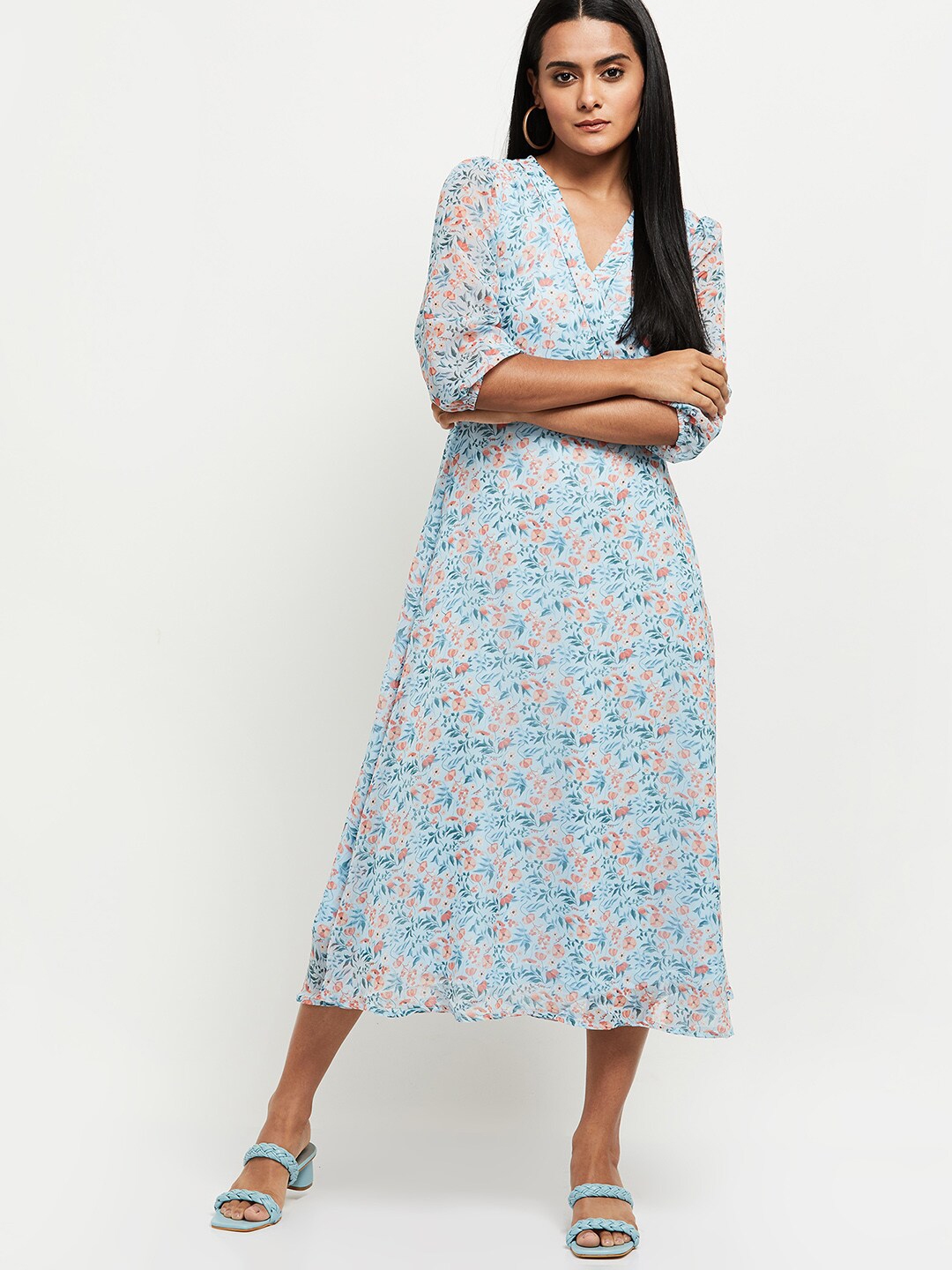 Buy Max Blue Floral A Line Midi Dress Dresses For Women 18063518 Myntra