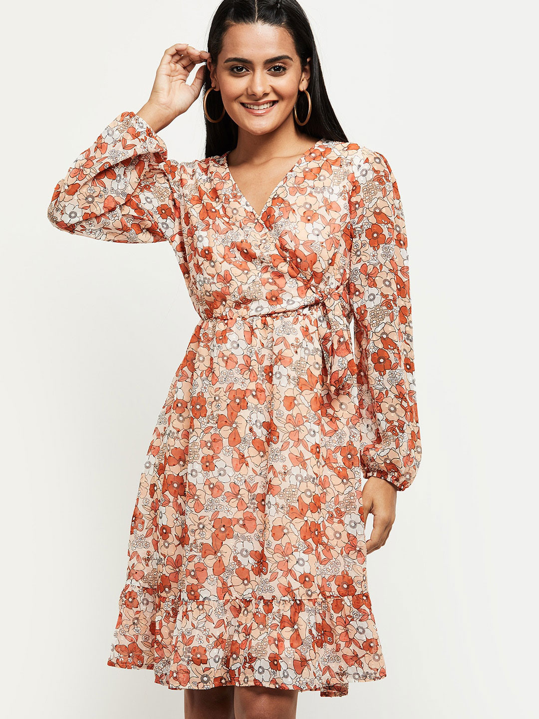 Buy Max Cream Coloured & Rust Floral Wrap Dress - Dresses for Women ...