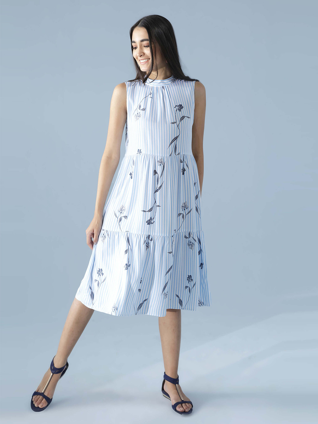Buy IDK Women Blue Floral A Line Midi Dress - Dresses for Women ...