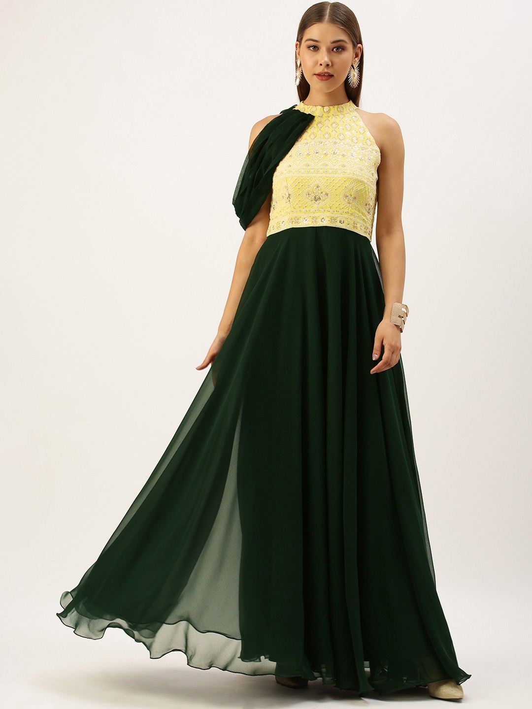 Buy Ethnovog Women Green Ethnic Motifs Embroidered Layered Ethnic Maxi