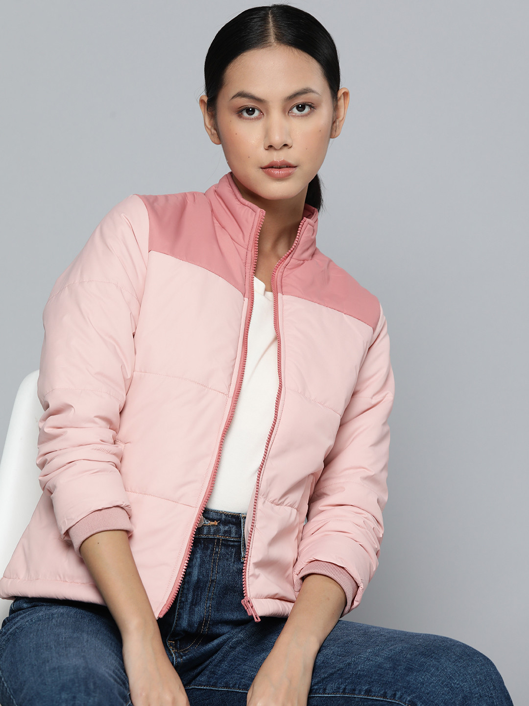 Buy Ether Women Dusty Pink Colourblocked Padded Jacket - Jackets for ...