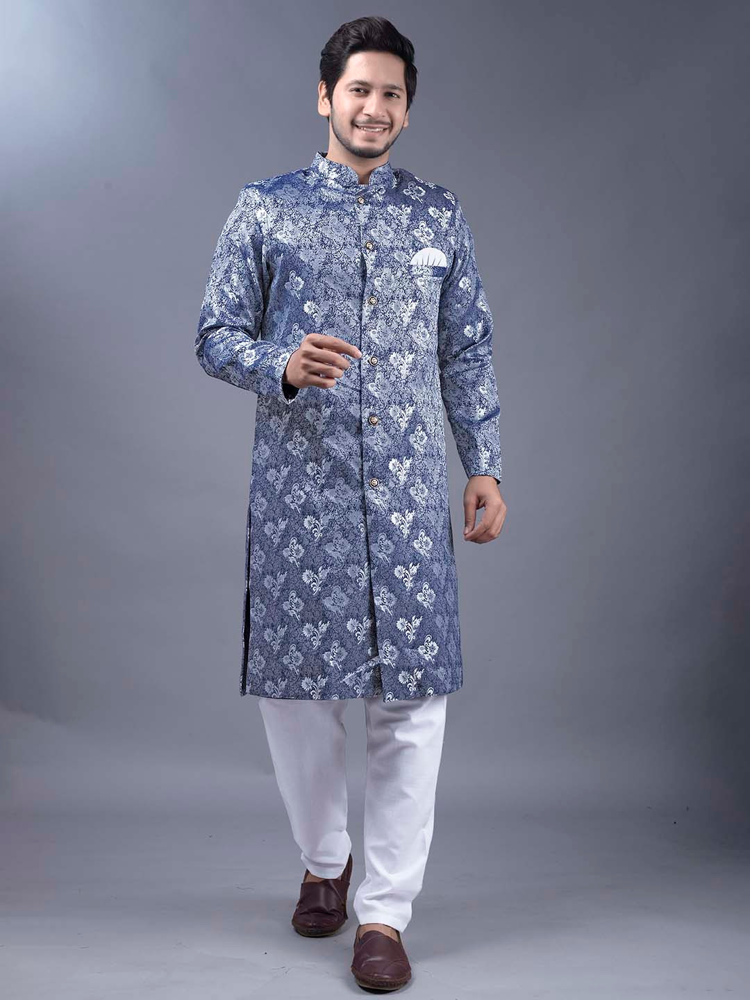 Buy Amzira Men Blue & Silver Printed Sherwani - Sherwani for Men ...