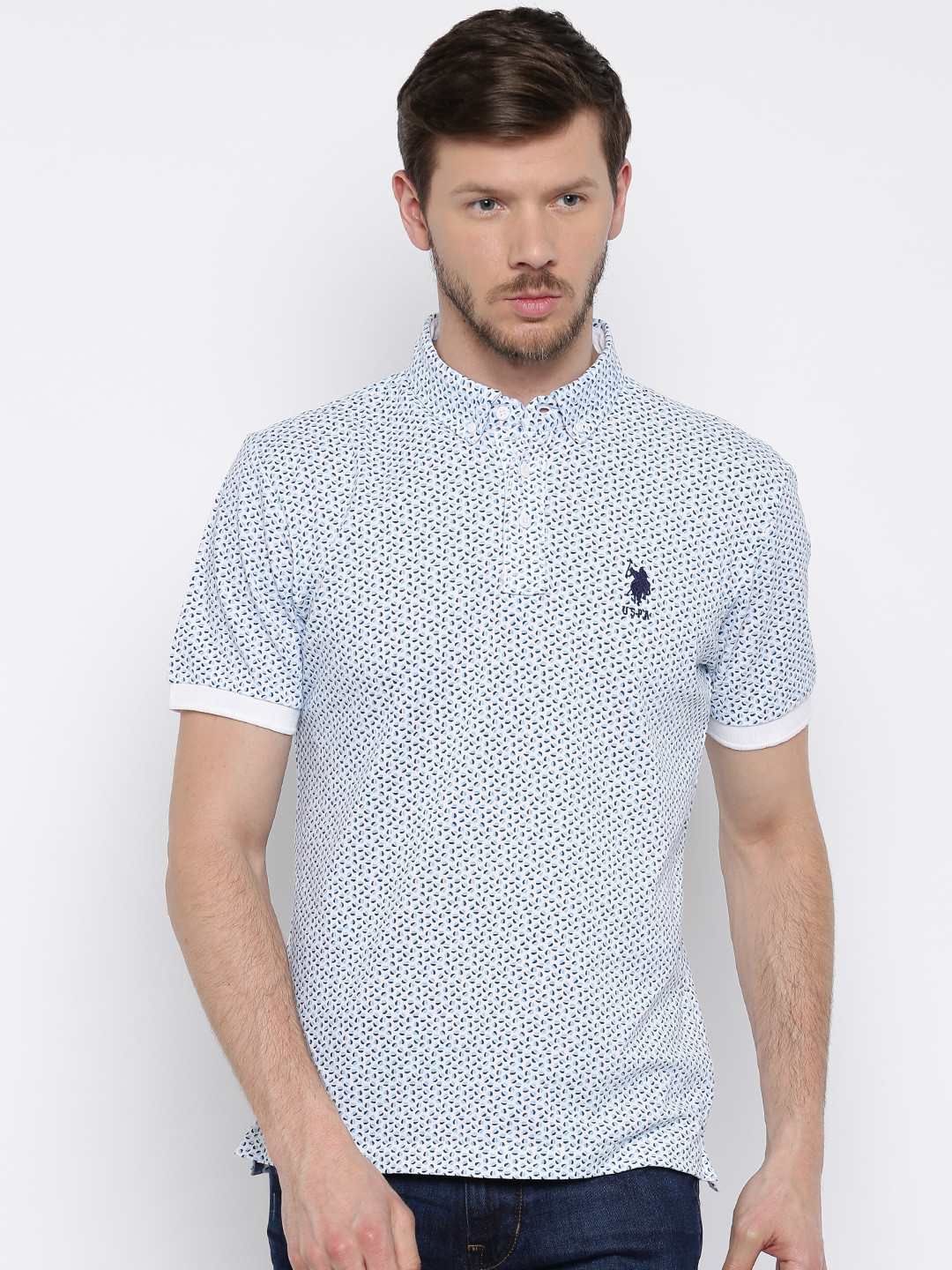 Buy U.S. Polo Assn. Men White Blue Printed Polo Pure Cotton T Shirt ...