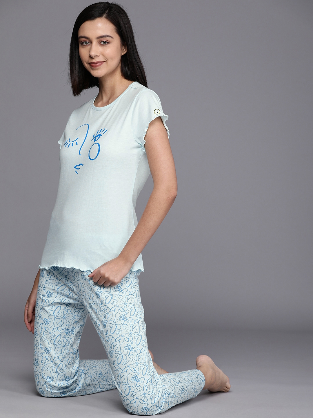 Buy Allen Solly Woman Women Green And Blue Printed Pure Cotton Night Suit