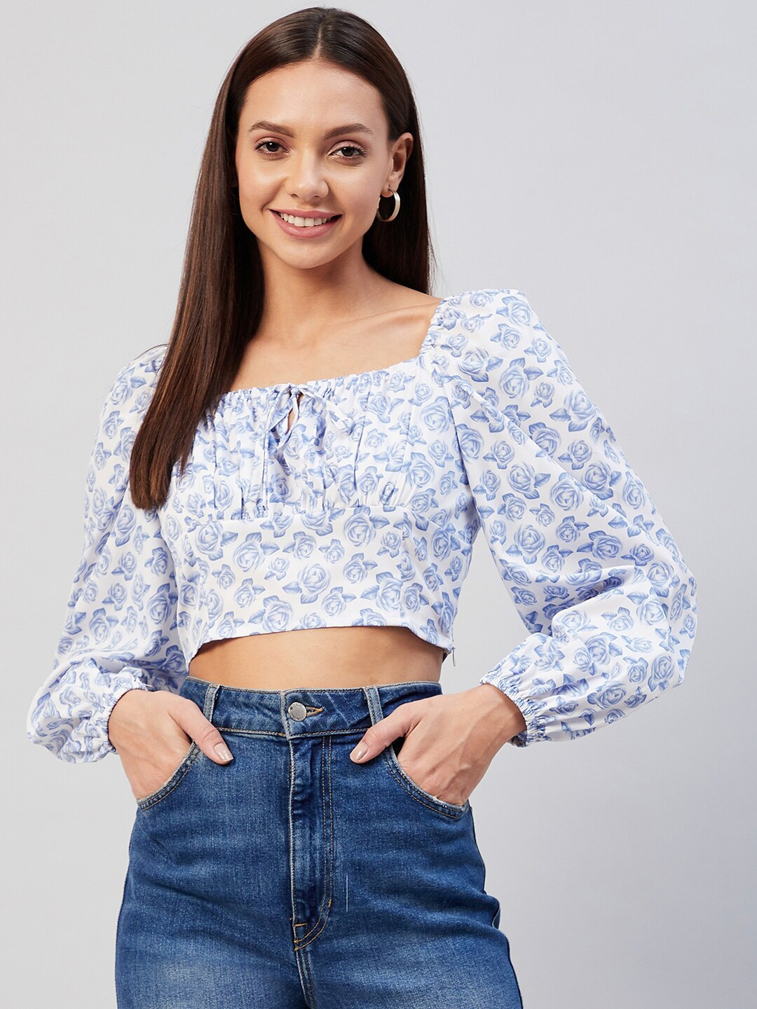 Buy RARE White & Blue Floral Print Crepe Cinched Waist Crop Top - Tops ...