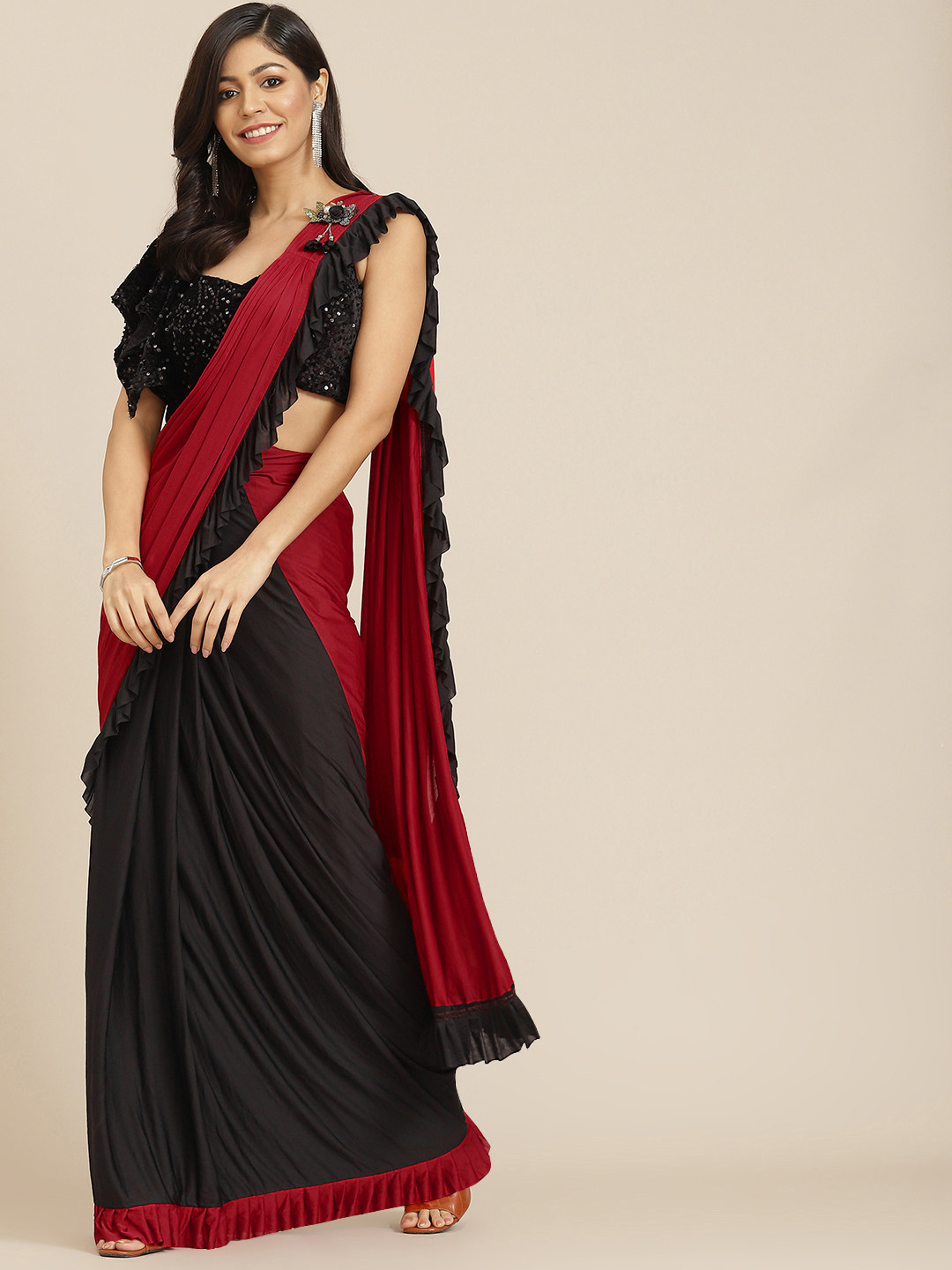 Buy Tikhi Imli Red & Black Half & Half Ruffled Saree - Sarees for Women ...