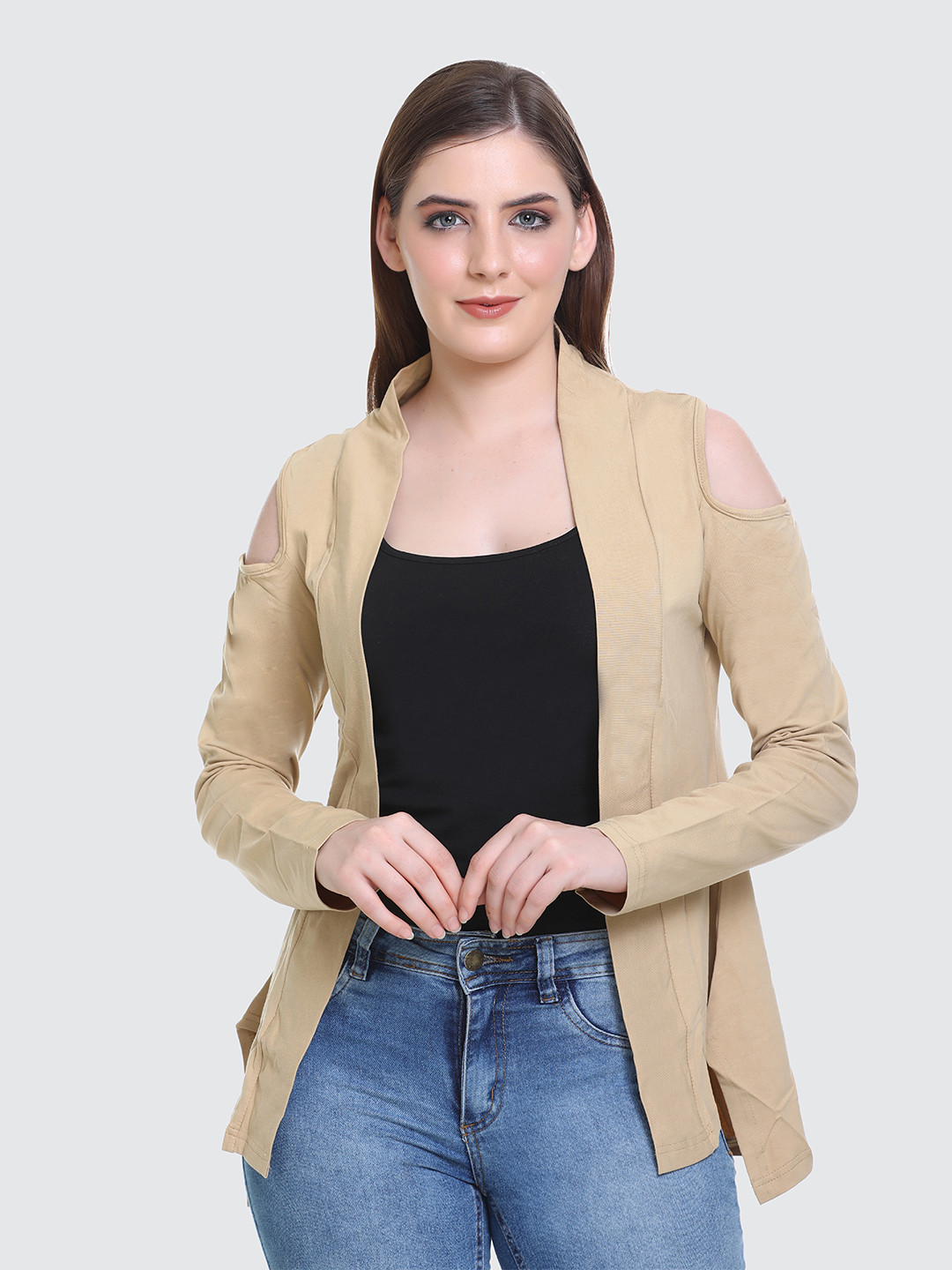 Buy Skidlers Women Beige Front Open Cold Shoulder Shrug - Shrug for ...