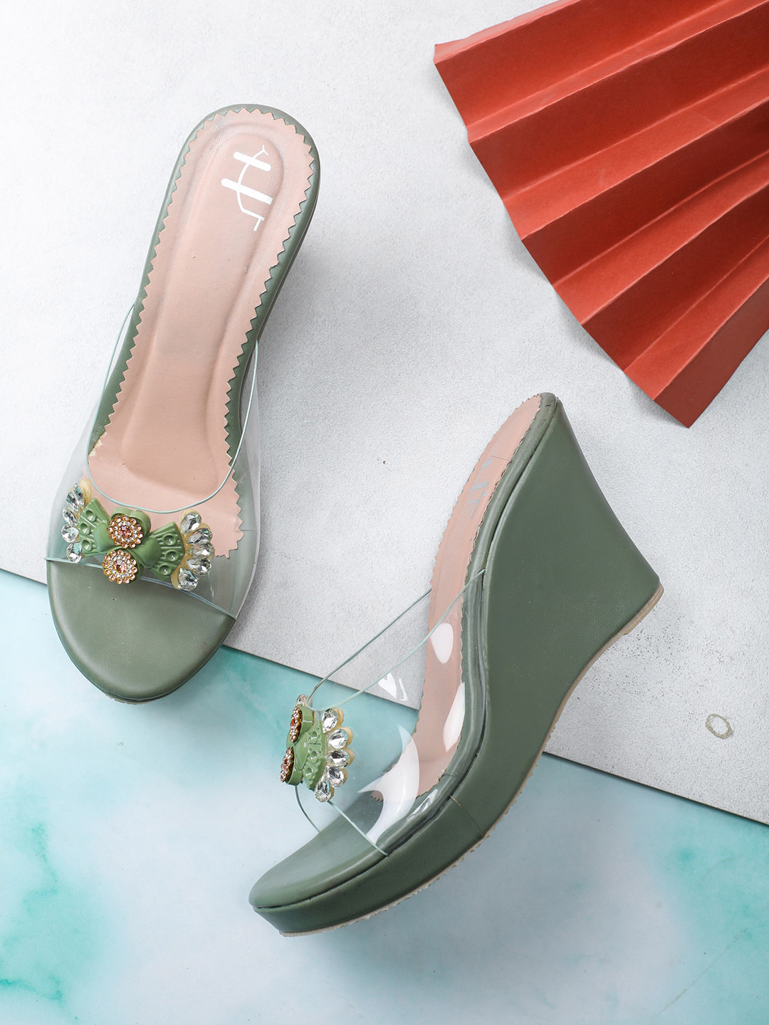 Buy H3F Green Solid Party Wedges With Embellished Bow Detail - Heels ...