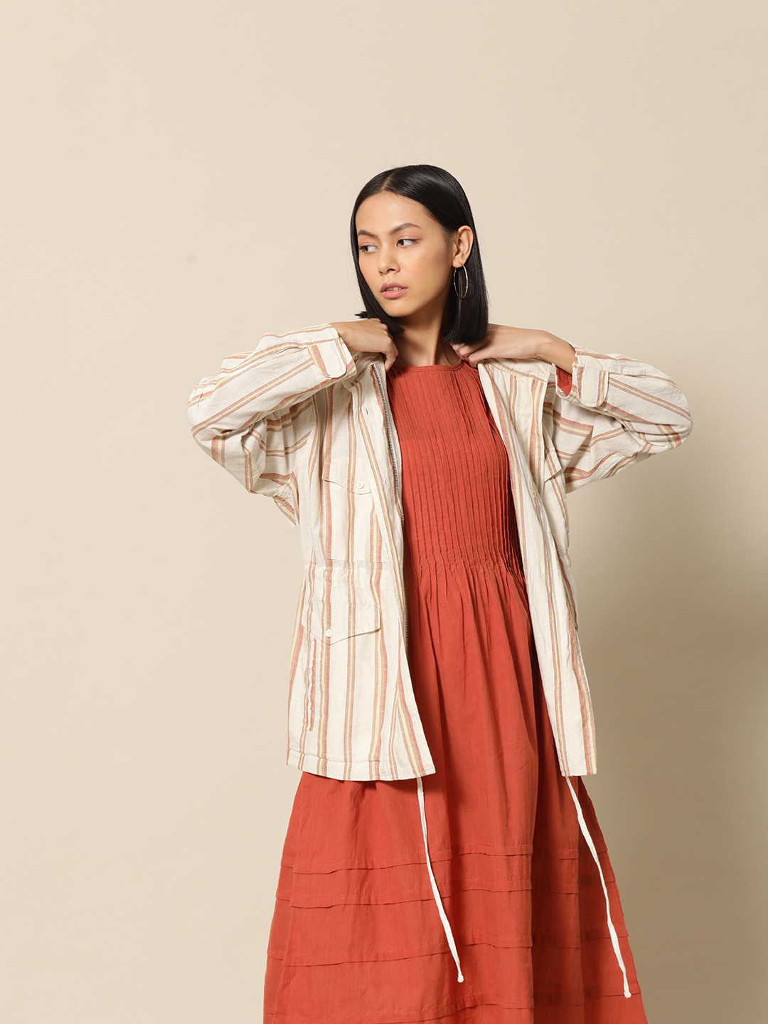 Buy BOWER Women Off White & Maroon Linen Cotton Relaxed Jacket ...