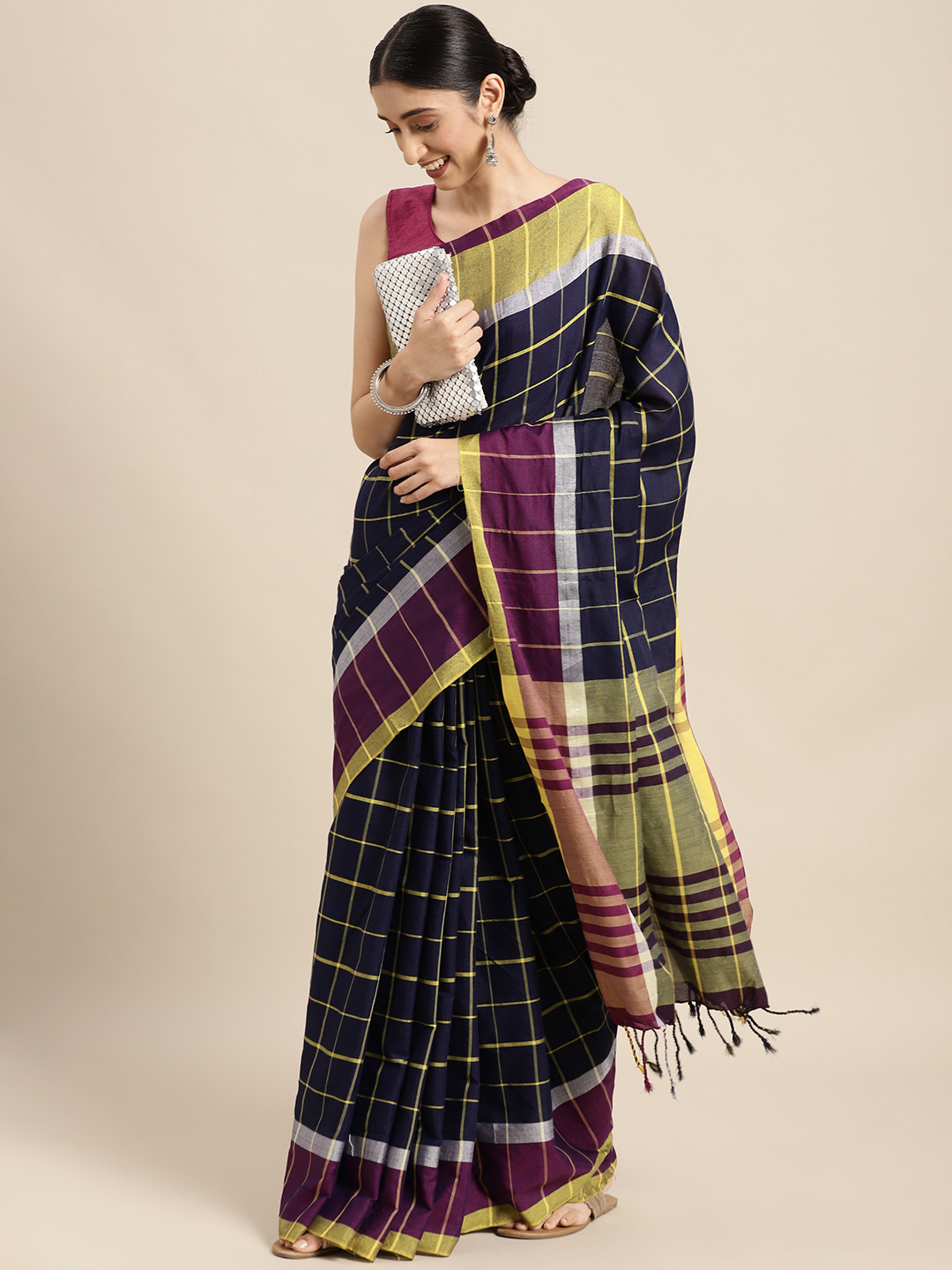 Buy SANGAM PRINTS Navy Blue & Golden Checked Woven Design Saree With ...