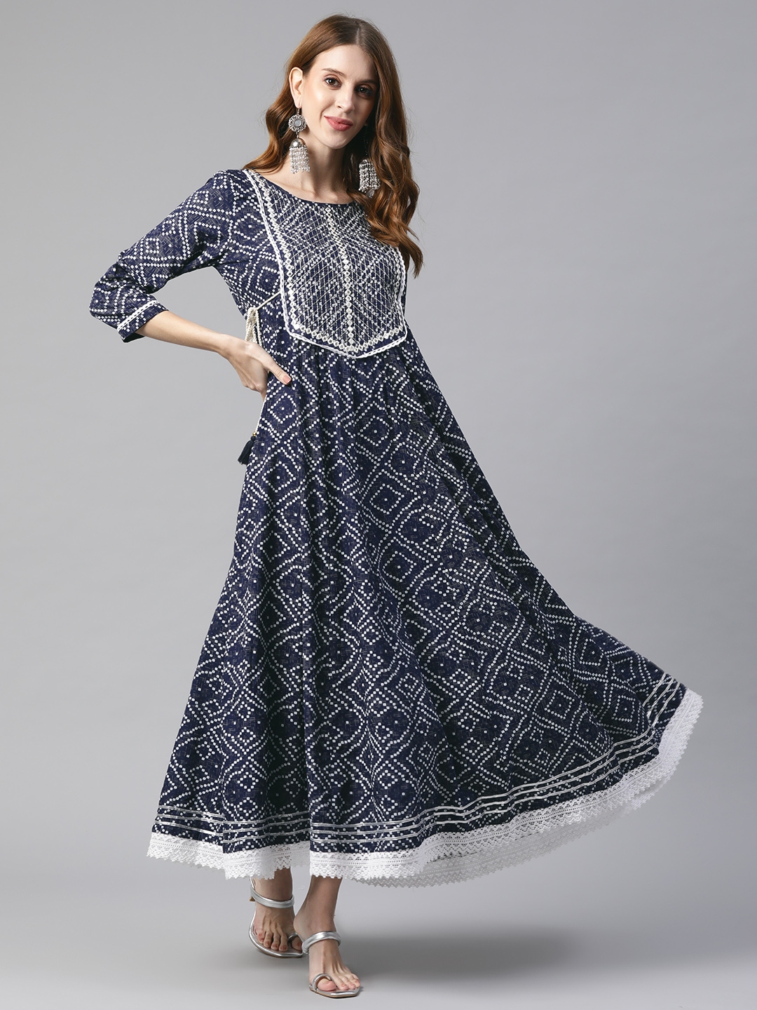 Buy Kalini Navy Blue And White Ethnic Motifs Print Cotton Maxi Dress