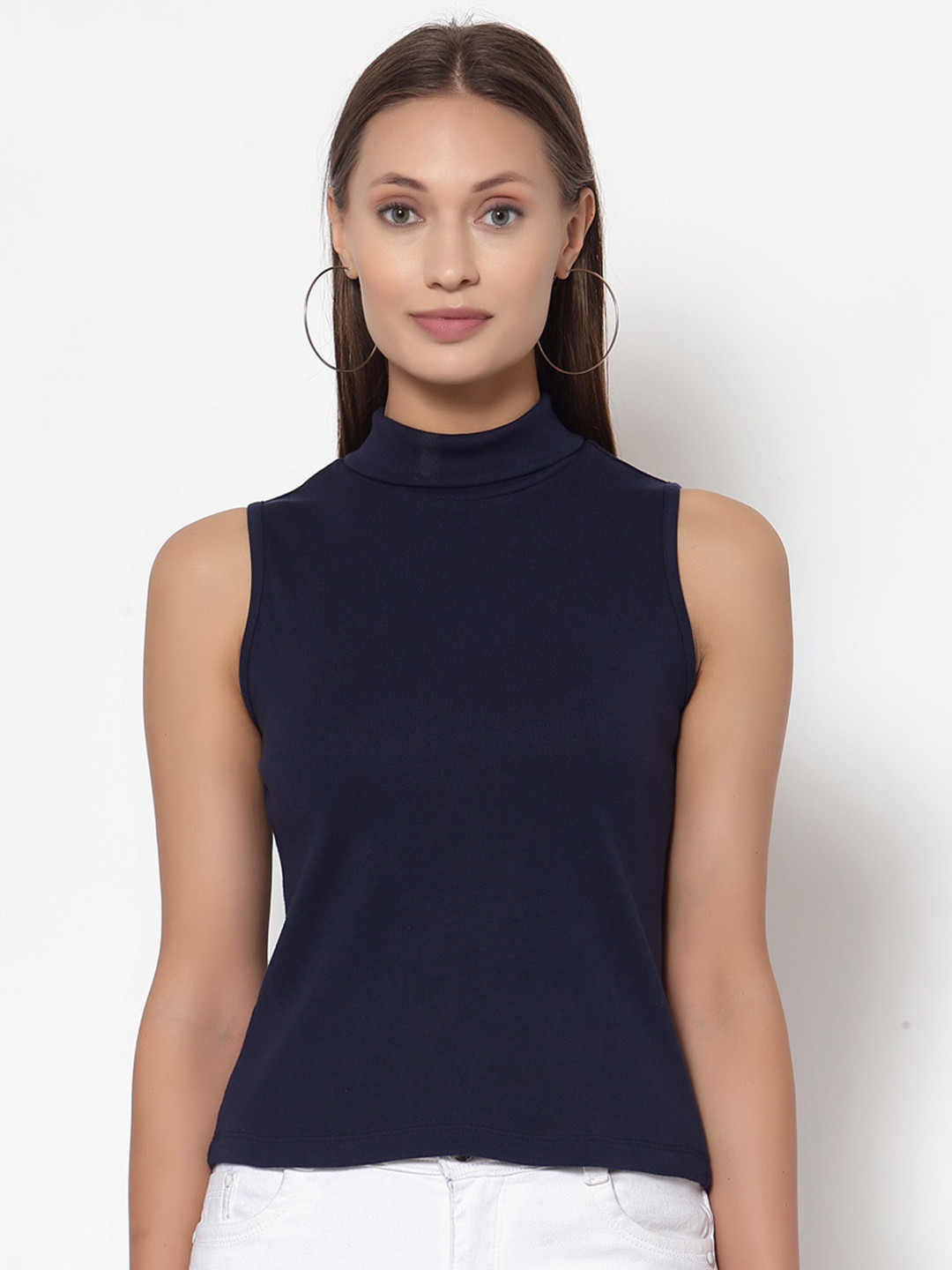 Buy YOONOY Women Navy Blue Solid High Neck Organic Cotton Fitted Top ...