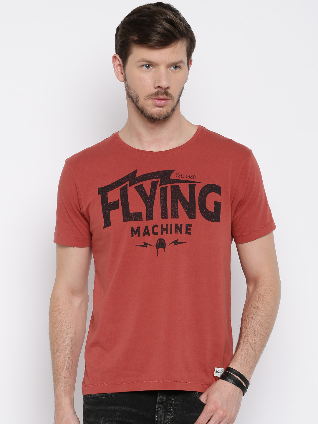 Buy Flying Machine Men Red Printed Round Neck Pure Cotton T Shirt ...