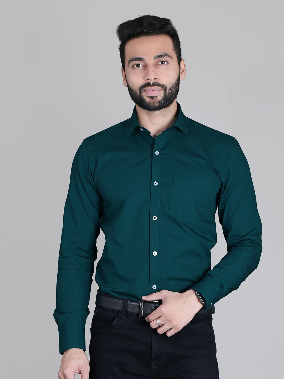 Buy 5TH ANFOLD Men Turquoise Blue Slim Fit Pure Cotton Formal Shirt ...