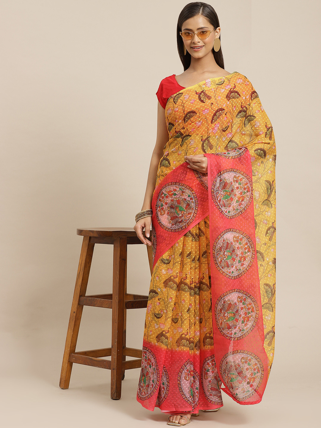 Buy Silk Land Mustard & Pink Kalamkari Chiffon Saree - Sarees for Women ...