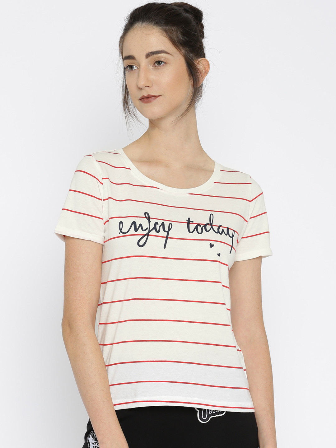 Buy ONLY Women Off White Red Striped Pure Cotton T Shirt - Tshirts for ...