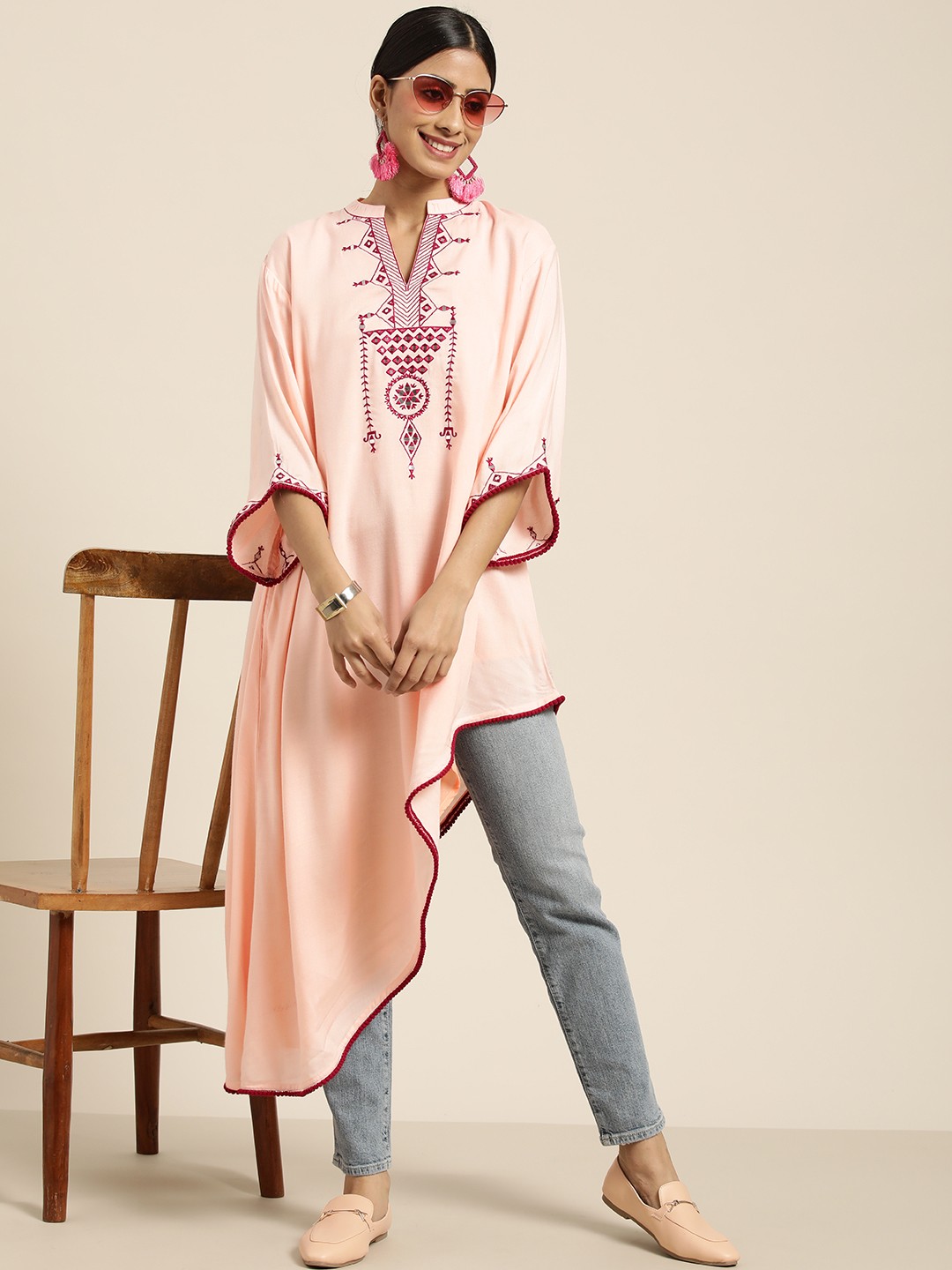 Buy Sangria Women Peach Coloured Ethnic Motifs Embroidered Mirror Work