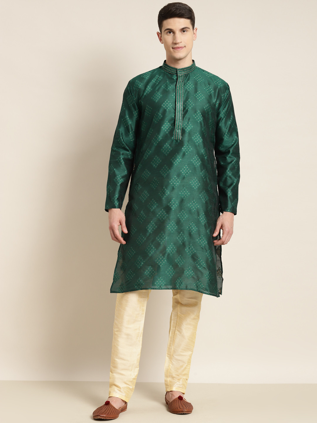 Buy SOJANYA Men Green & Gold Toned Jacquard Silk Embroidered Kurta ...