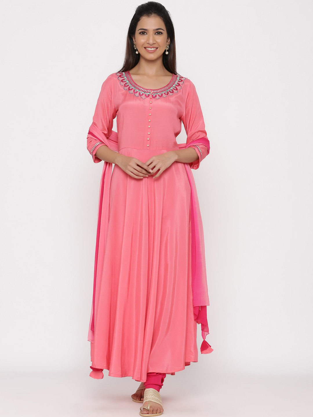 Buy Jaipur Kurti Women Pink Yoke Design Thread Work Anarkali Kurta With ...