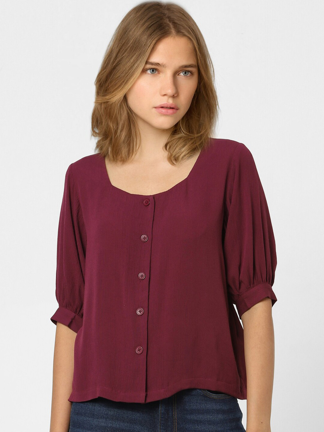 Buy ONLY Women Maroon Solid Round Neck Regular Top - Tops for Women ...