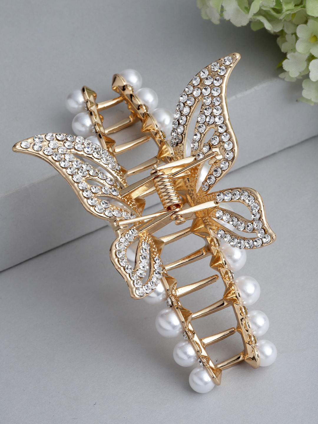 Buy PANASH Women Gold Toned & White Embellished Claw Clip - Hair ...