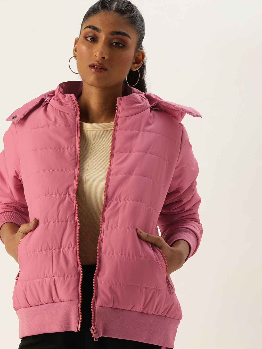 Buy Kook N Keech Women Dusty Pink Solid Bomber Jacket With Detachable ...