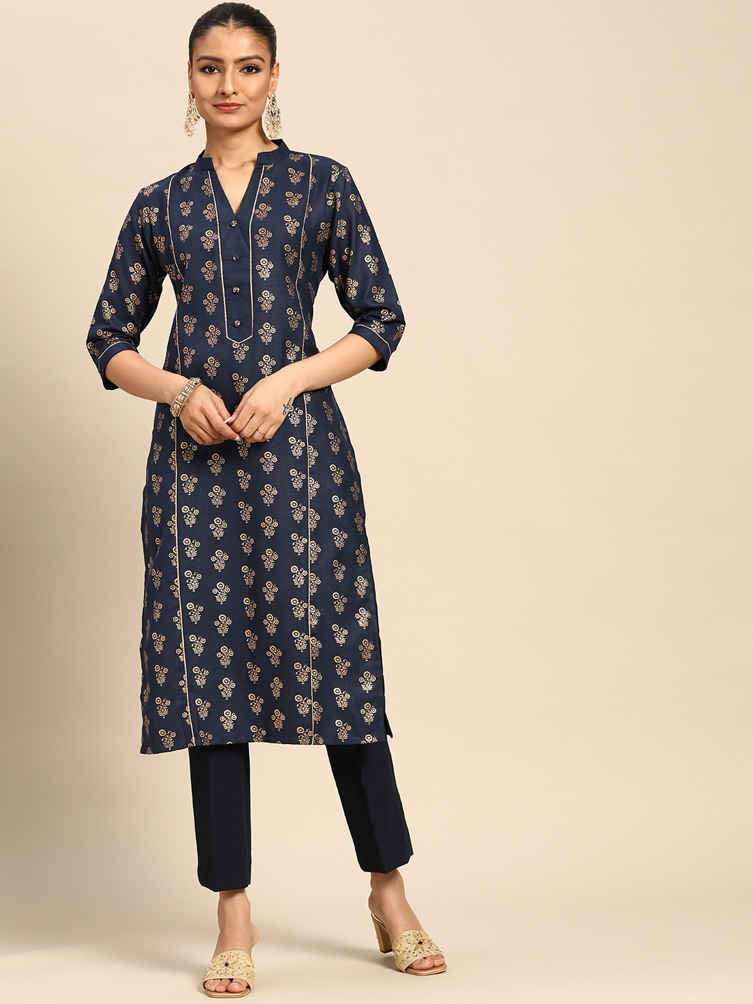 Buy Gerua By Libas Women Navy Blue Golden Ethnic Motifs Printed Kurta ...