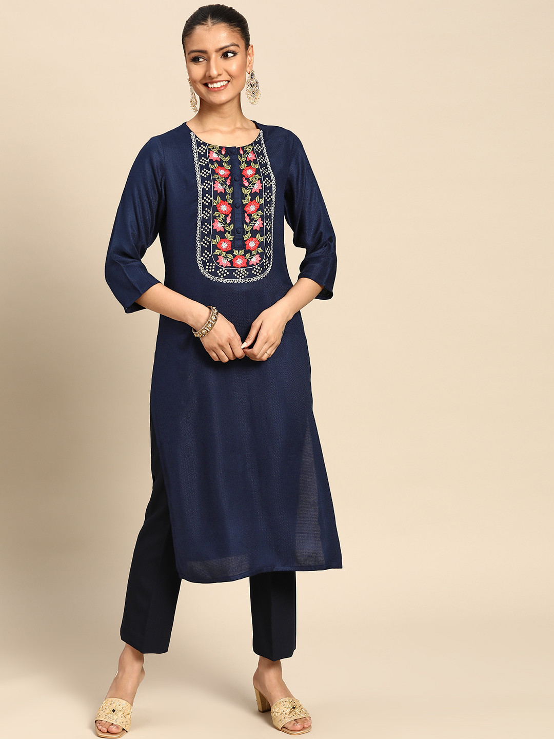 Buy Gerua By Libas Women Navy Blue Ethnic Motifs Yoke Design Kurta ...