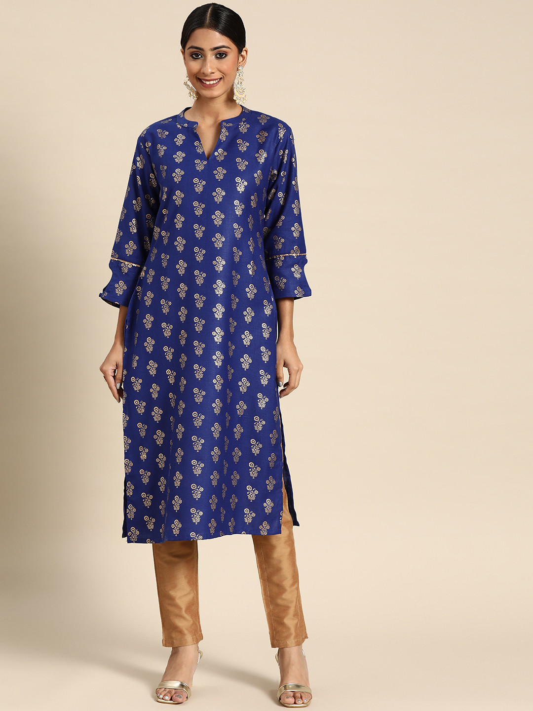 Buy Gerua By Libas Women Blue Golden Ethnic Motifs Printed Kurta ...