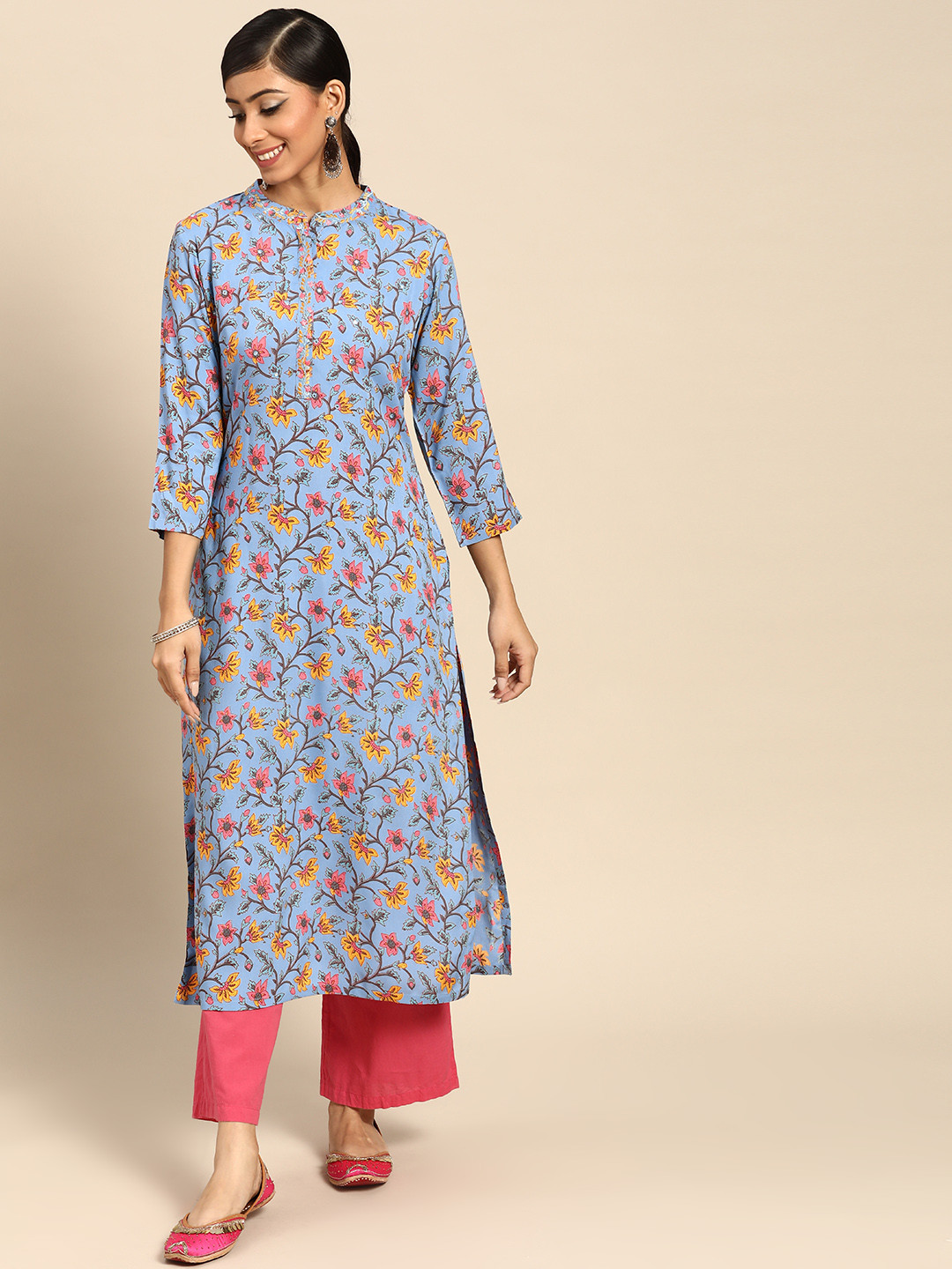 Buy Gerua By Libas Women Blue Yellow Ethnic Motifs Printed Kurta ...