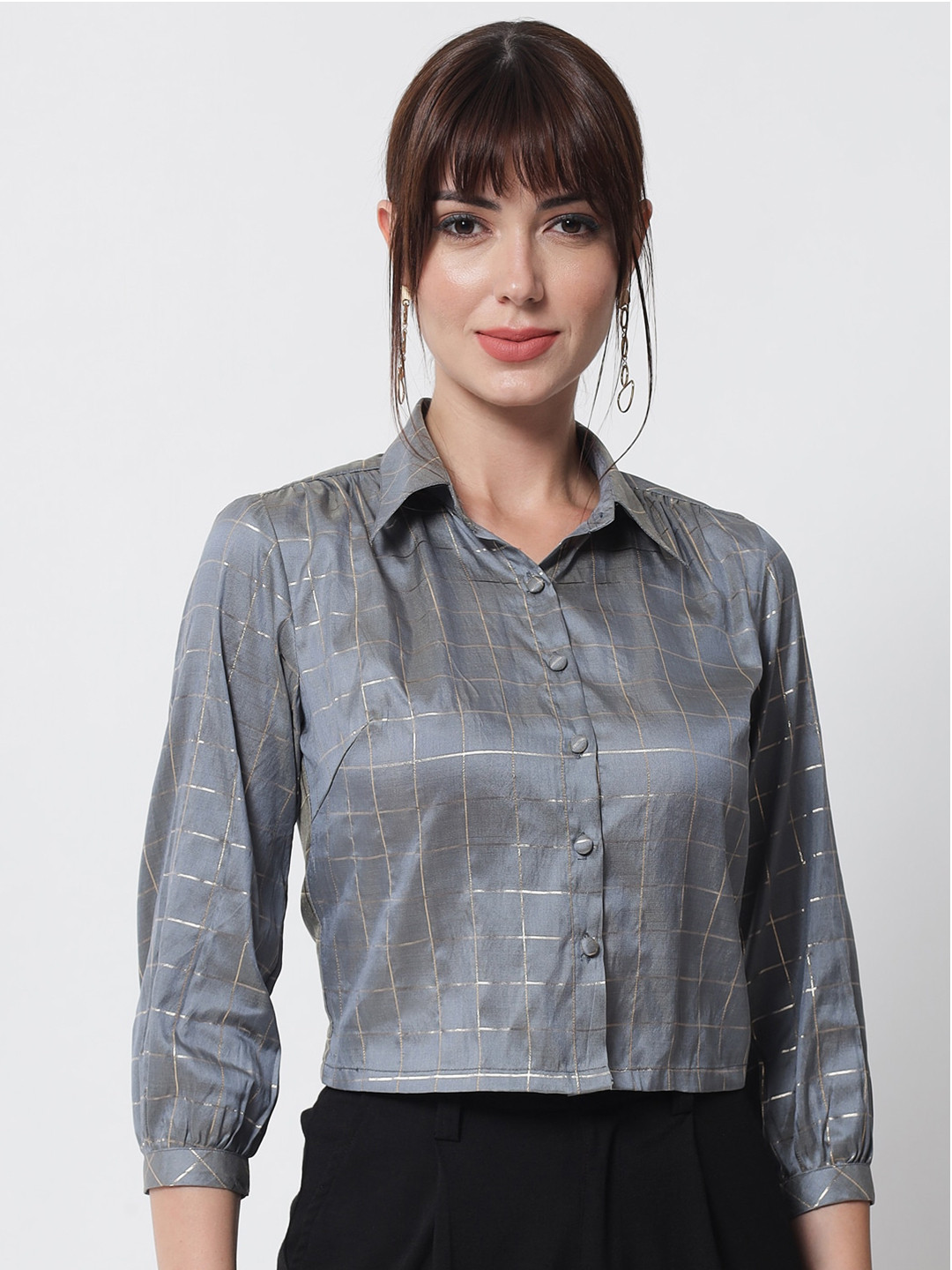 Buy Studio Rasa Grey Silk Check Collar Shirt Top - Tops for Women ...