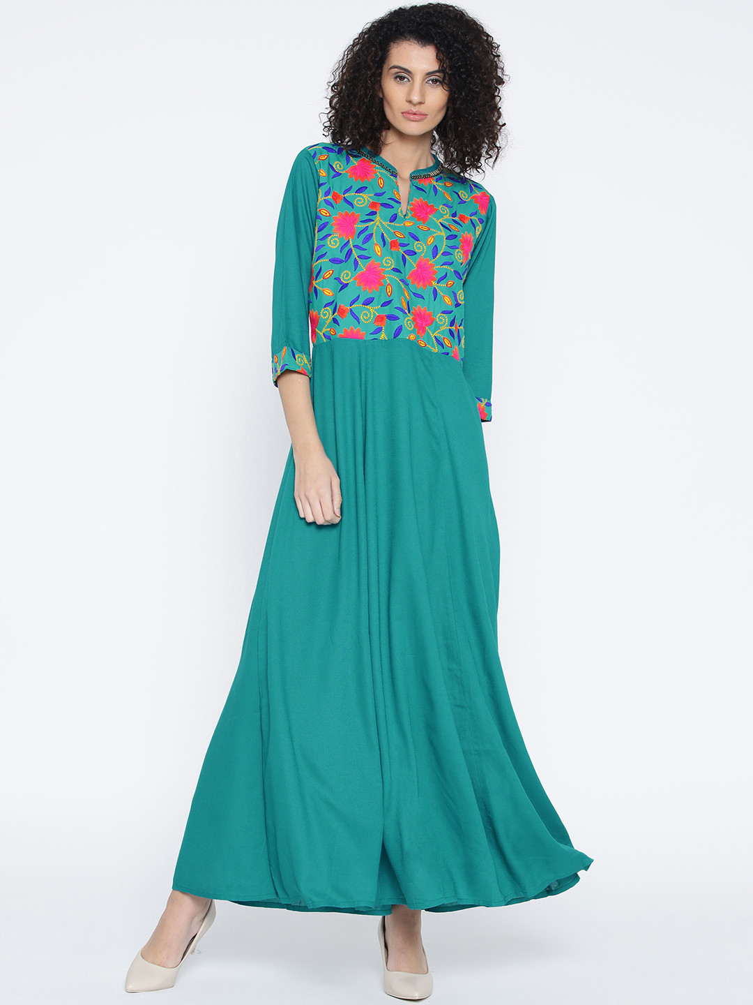 Buy Shree Women Green Embroidered Maxi Dress - Dresses for Women ...