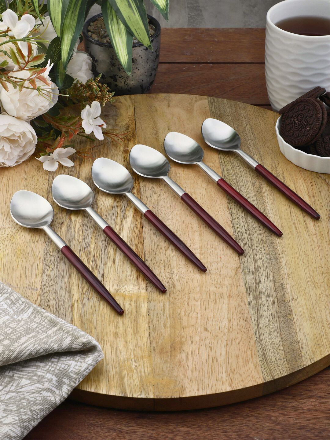 Buy VarEesha Set Of 6 Maroon & Silver Toned Stainless Steel Tea Spoons ...