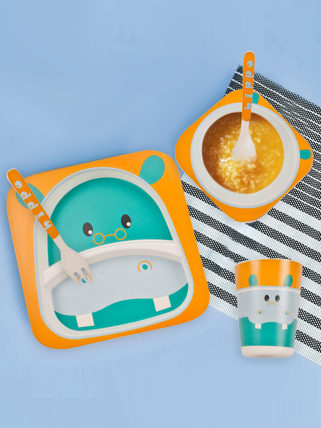 Buy Baby Moo Kids Orange & Green Hippo Bamboo Fiber Utensil Set - Baby ...