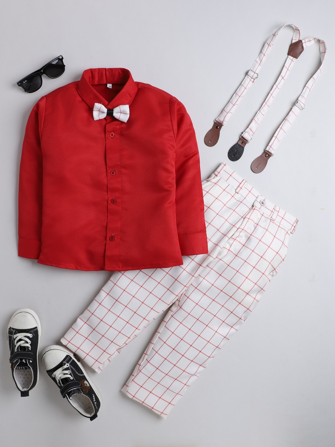 Buy DKGF FASHION Boys Red & White Shirt With Trousers With Suspenders ...