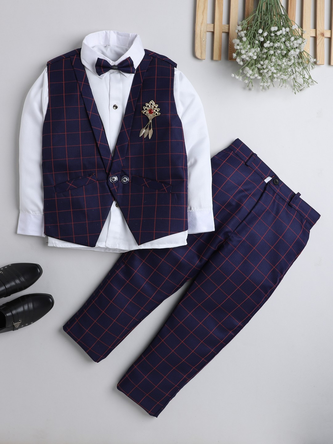 Buy DKGF FASHION Boys Blue & White Checked Double Breasted 3 Piece Suit ...