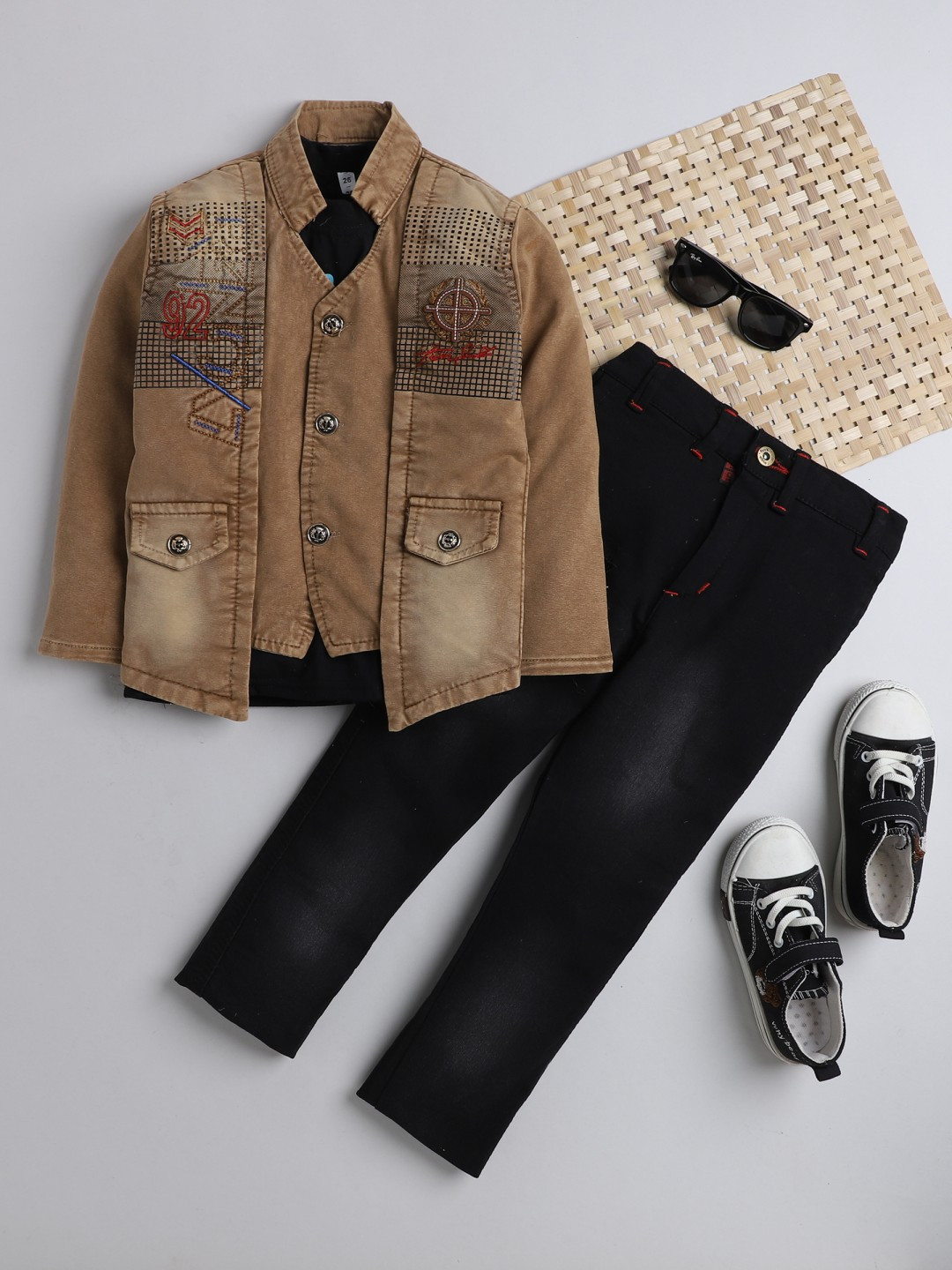 Buy DKGF FASHION Boys Mustard & Navy Blue Printed 3 Piece Clothing Set ...