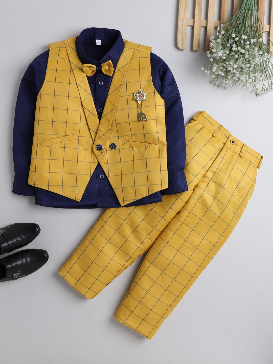 Buy DKGF FASHION Boys Yellow & Navy Blue Checked Shirt & Trouser With ...