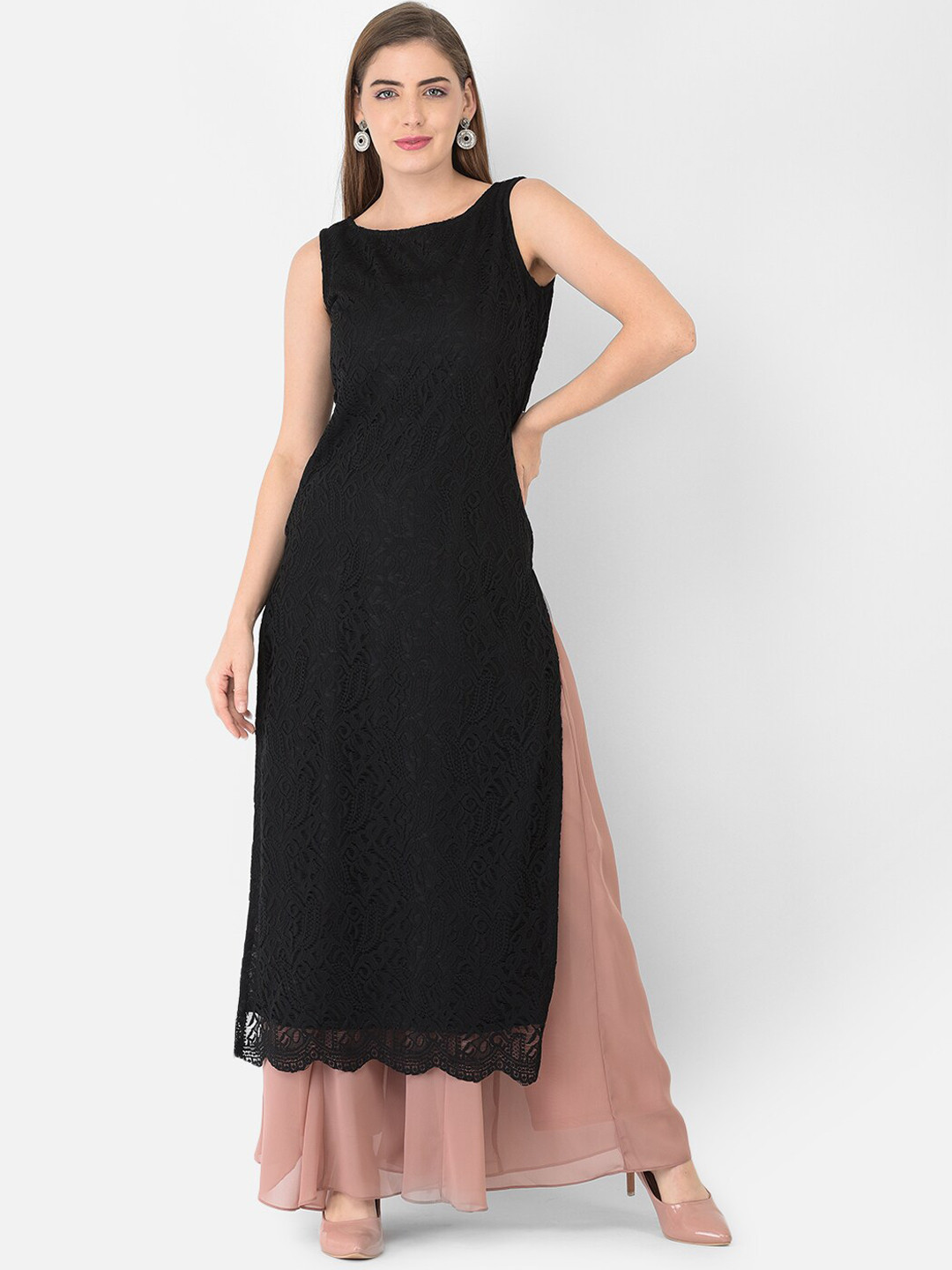 Buy Ojjasvi Women Black Self Design Lace Kurta - Kurtas for Women ...