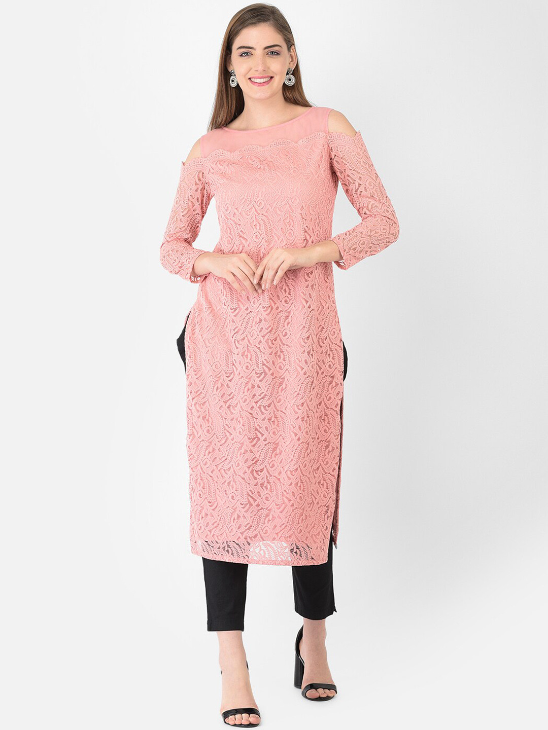 Buy Ojjasvi Women Peach Coloured Ethnic Motifs Lace Kurta - Kurtas for ...