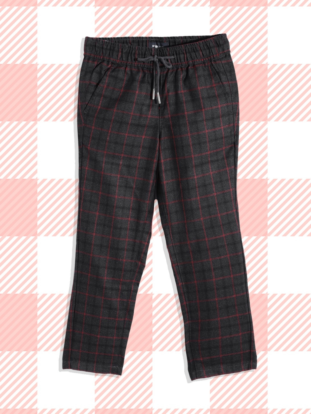 Buy M&H Juniors Boys Charcoal Grey & Red Checked Trousers - Trousers ...