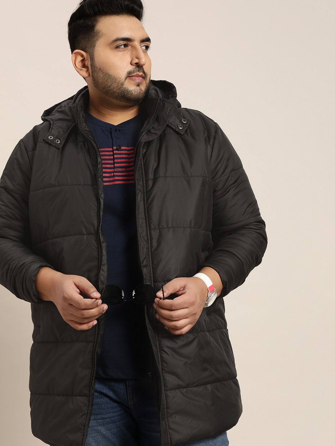 Buy Sztori Plus Size Men Black Longline Hooded Quilted Puffer Jacket ...