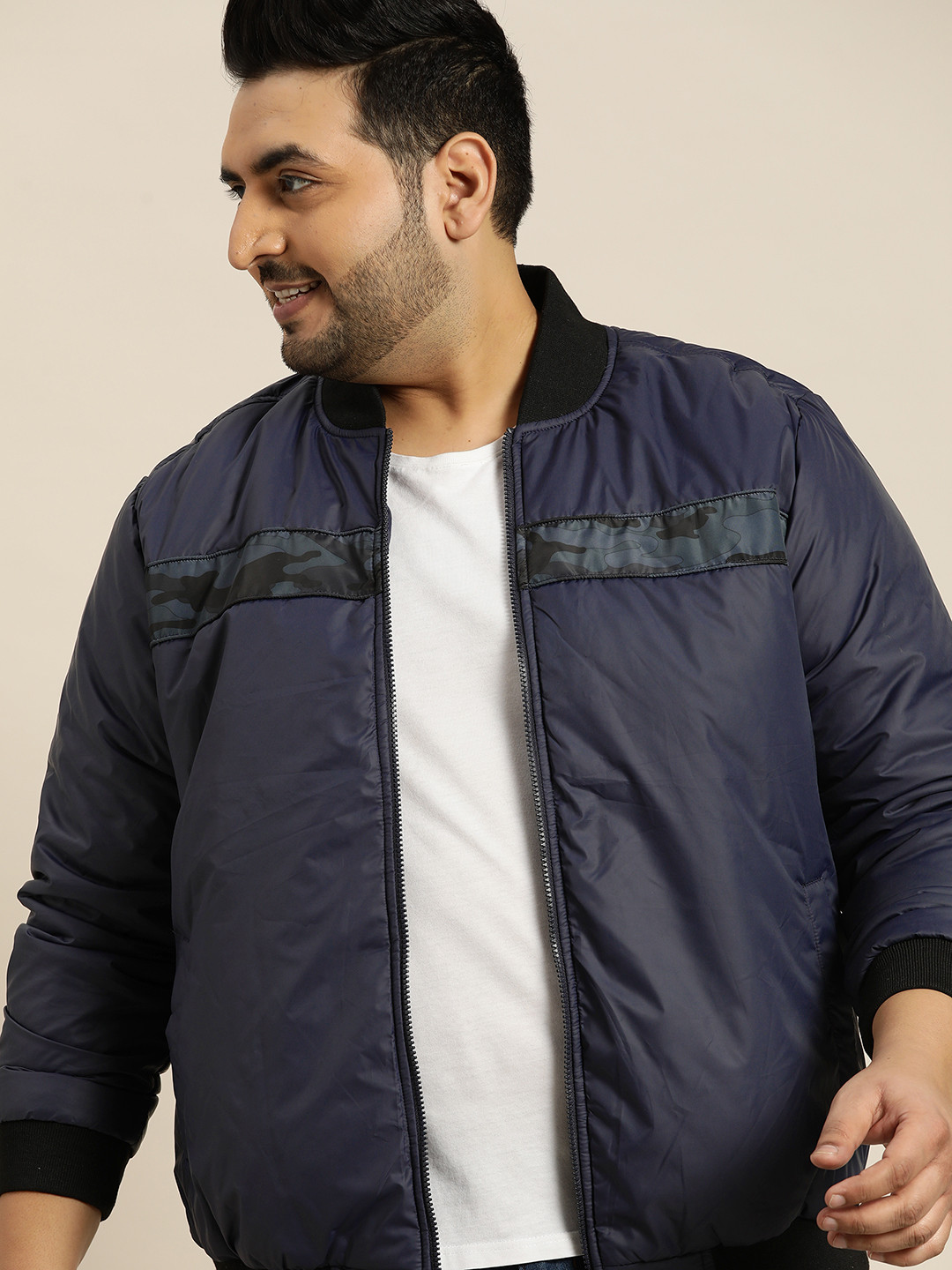 Buy Sztori Plus Size Navy Blue Mandarin Collar Bomber Jacket - Jackets ...