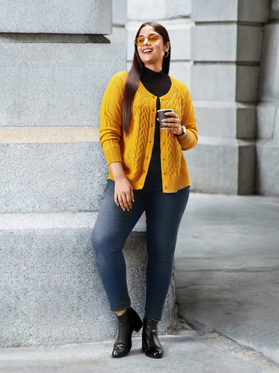 Buy Sztori Women Plus Size Mustard Yellow Self Design Longline Cardigan ...