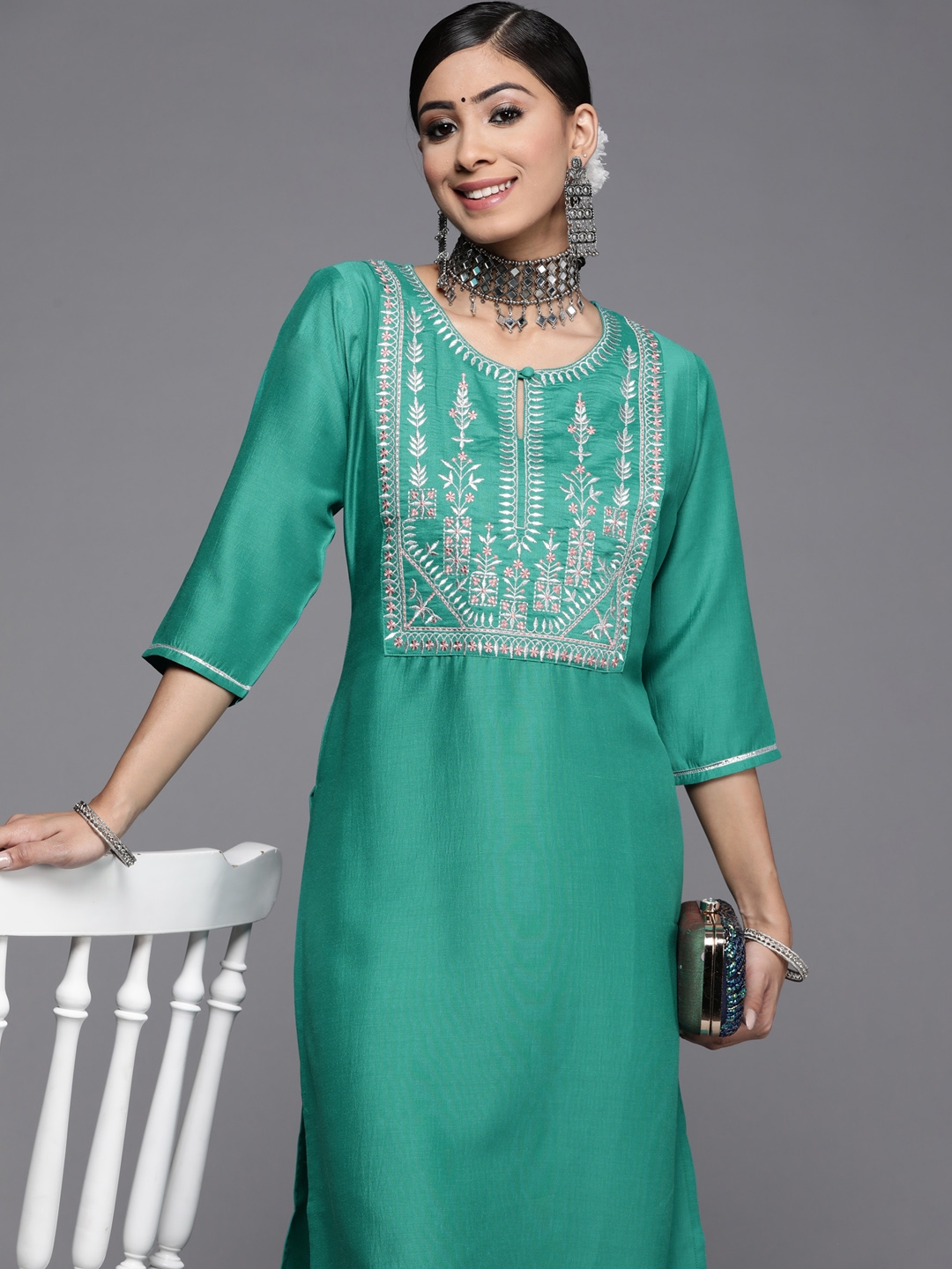 Buy Libas Women Green Floral Motifs Yoke Design Kurta Kurtas For