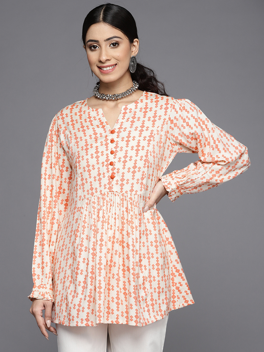 Buy Libas Orange & White Sweetheart Neck Geometric Printed Kurti ...
